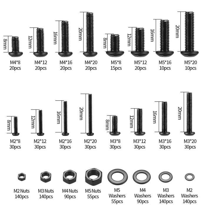1225 Pièces M2 M3 M4 M5 Jeu De Vis Et Écrous, Vis À Tête Cylindrique À ...