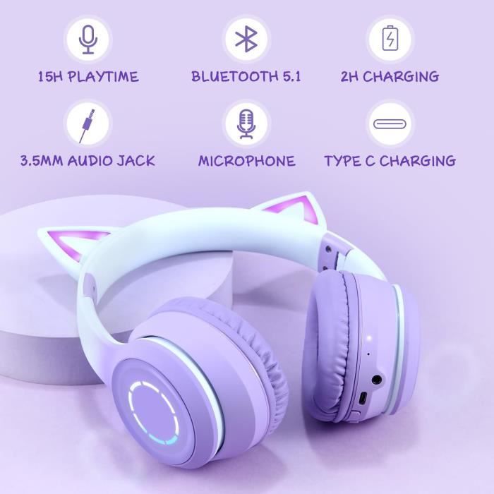 Casque Bluetooth Sans Fil Pour Enfant Casque Oreillas De Chat Avec Led ...