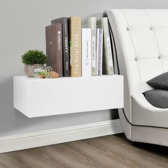 Étagère avec tiroir pour mur, table de chevet flottante blanche, 46 x ...