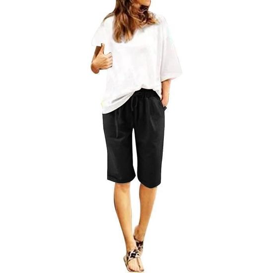 Cargo Short Long Femme Court Écontracté avec Poches Taille Haute ...