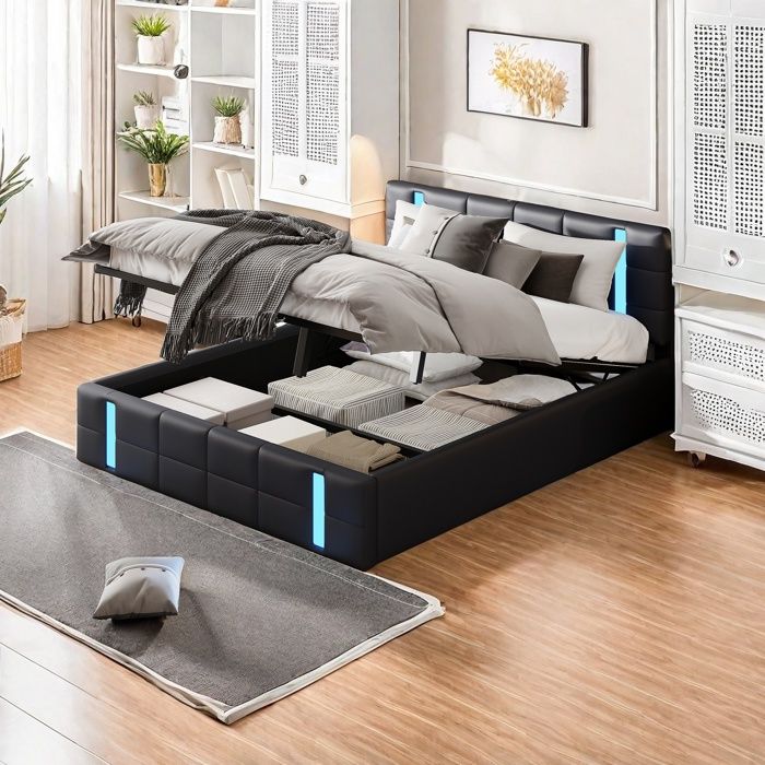 Lit coffre avec rangement, cadre de lit avec tête de lit et lumières ...