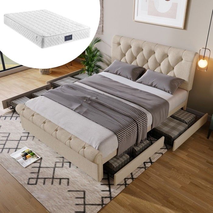 Lit Combiné Double Chesterfield 140x200 Cm, Capitonné Avec 4 Tiroirs ...