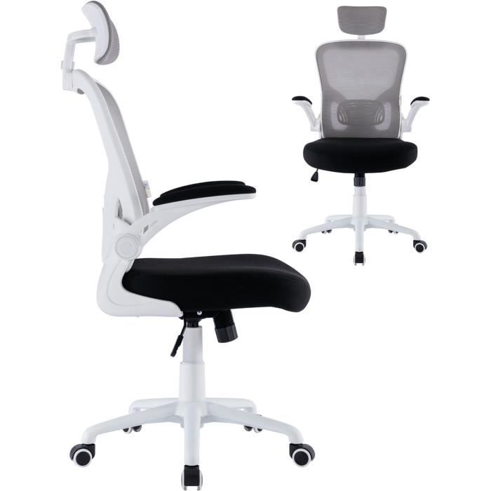 Chaise De Bureau Blanche Ergonomique Avec Accoudoirs Pliables Et Appui-Tête Pivotant, Chaise ...