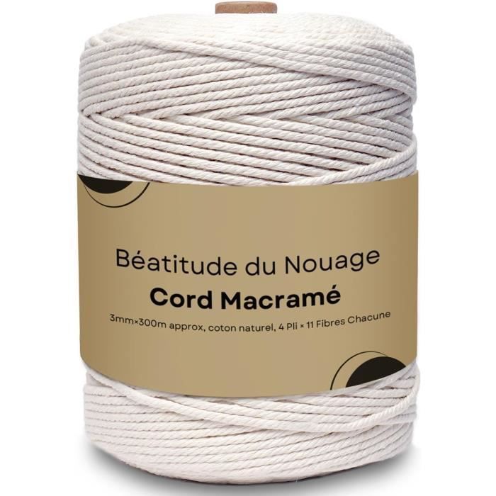 Clascent Fil Macramé 3mm x 300m, Corde macramé 4-ply 11-Fibres, Corde ...