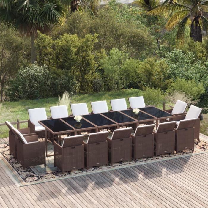 SIB Ensemble à dîner de jardin coussins 17pcs Résine tressée Marron ...
