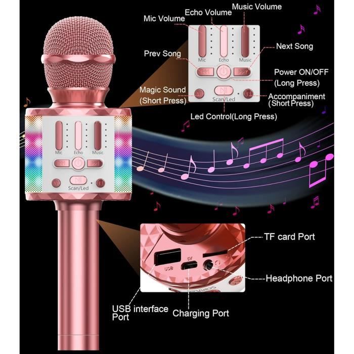Micros Sans Fil Karaoké,Microphone Karaoke Bluetooth Avec Lumière Scène,Portable Haut-Parleur ...