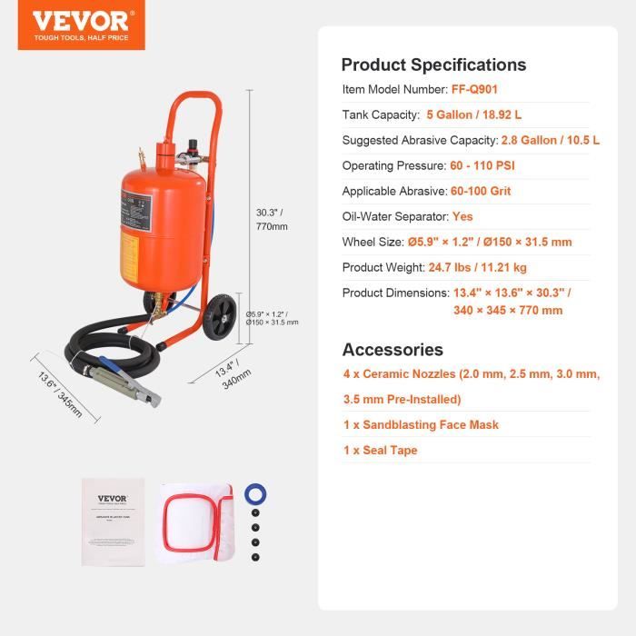 Sableuse - VEVOR - 340 x 345 x 770 mm Haute Pression Capacité Réservoir ...