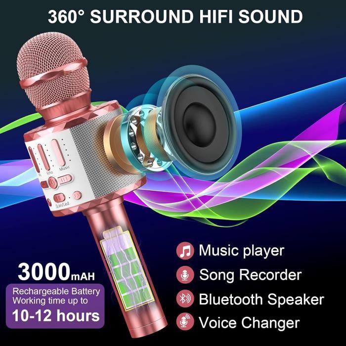 Micros Sans Fil Karaoké,Microphone Karaoke Bluetooth Avec Lumière Scène,Portable Haut-Parleur ...