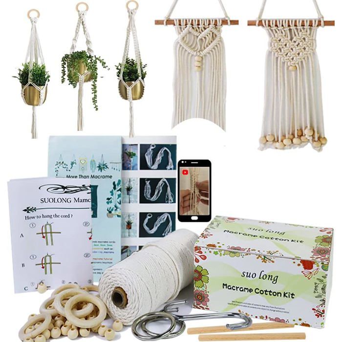 Corde Macramé 3mm Fil Macramé Kit avec 16 Anneaux eois, 56 Perles eois, 2 Bâtons de Bois, 2 ...