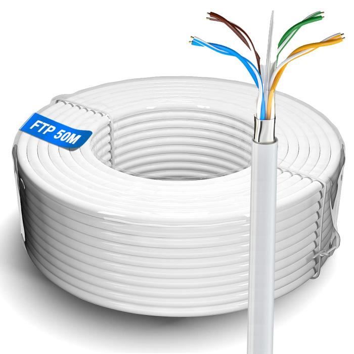 Câble Ethernet 50m, Cable RJ45 Blindé Câble Réseau 50m Blanc, FTP 23AWG ...