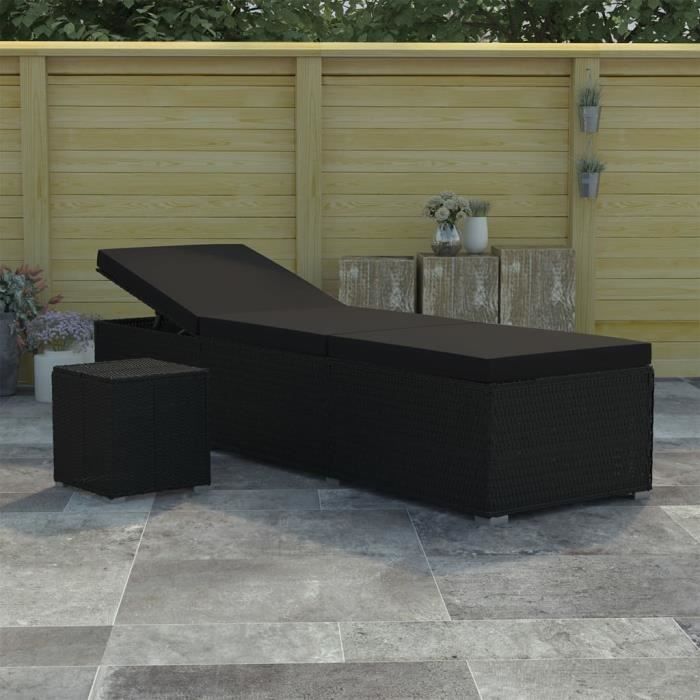 GOTOTOP Chaise longue avec coussin et table à thé Résine tressée Noir ...