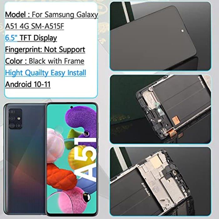 Écran LCD Samsung Galaxy A51/A515 SM-A515F/DSN incell + vitre tactile avec Châssis NOIR + Kit ...