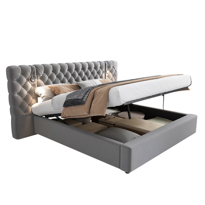 Polsterbed 160 x 200 cm, hydraulisches lit, Stauraumbet, lit double, LED-éclairage, morceau ...