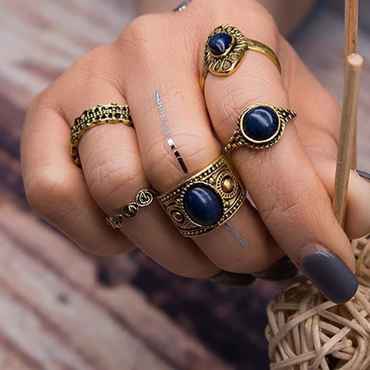 Boho bagues set bleu lapis lazuli knuckle rings hollow pattern bague ...