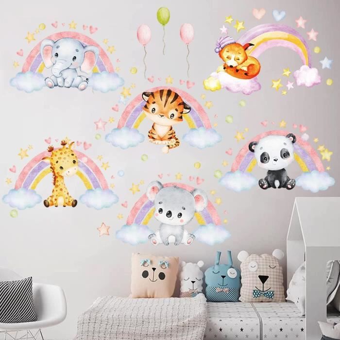 Sticker Mural Animaux De Dessin Animé Autocollants Mural Nuages Arc-En ...