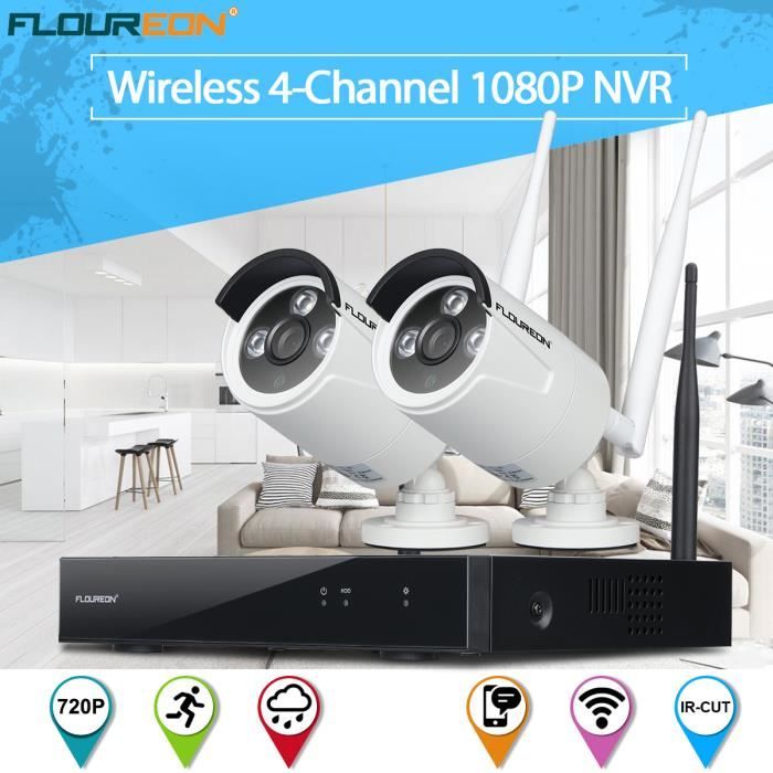 FLOUREON 4CH Sans Fil CCTV 1080P DVR Kit 2pcs Extérieur Wifi WLAN 1.0MP ...