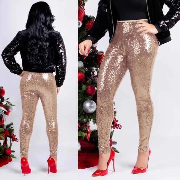 Femmes Plus Size Shiny Sequin Slim Leggings Pantalons Dames Sexy ...