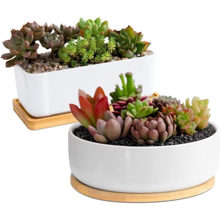 Pot De Fleurs En Céramique Blanche - 1 Pot De Fleurs Rectangulaire + 1 ...