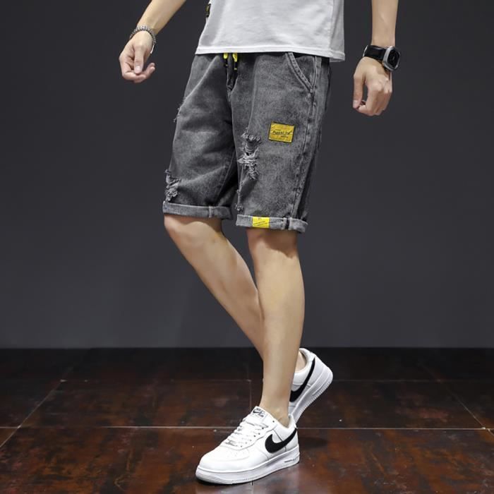Short en jean déchiré avec trous pour homme - FUNMOON - gris - denim et ...