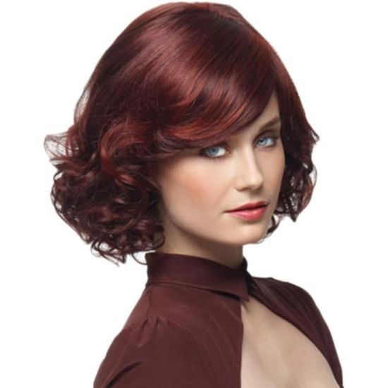 Perruque Femme Cheveux Naturelle Court Curly Synthétiques Wig Sexy Mode Chic Rouge Vin Wavy ...