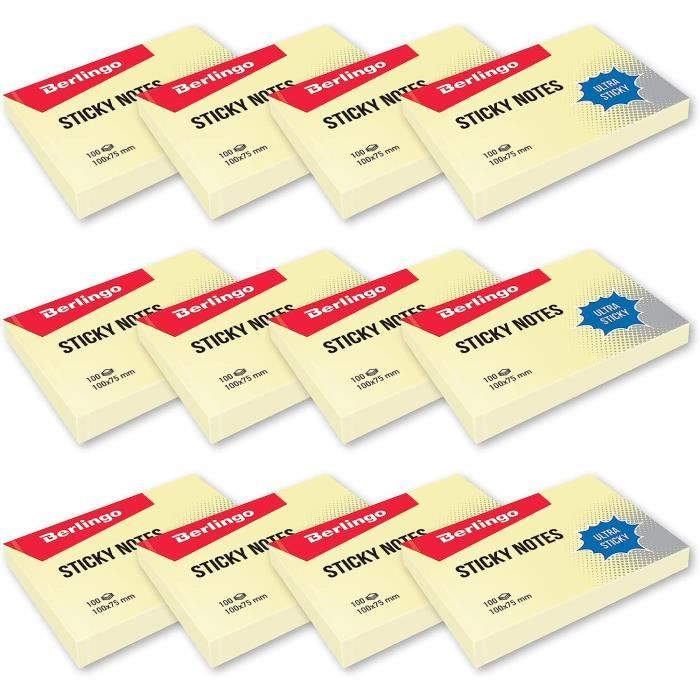 Bloc de notes adhésives, 100 x 75 mm, lot de 12 blocs, 100 feuilles par ...