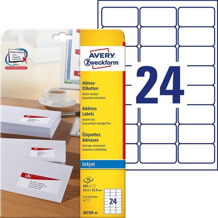 Avery Zweckform J8159-25 Lot de 25 feuilles à étiquettes d'adresse pour ...