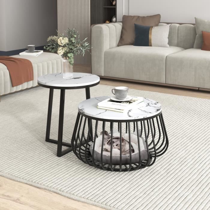 Table basse ronde en marbre CREAHAPPY - Noir et blanc - Scandinave ...