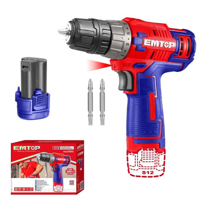 Perceuse visseuse sans fil EMTOP 12V avec 1 Batterie Lithium-ion 1.5Ah USB type-C 20Nm 15+1 ...