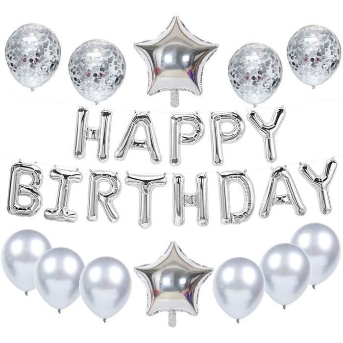 Décorations D'Anniversaire Argent Joyeux Anniversaire Guirlande Ballons Feuille, Ballons ...