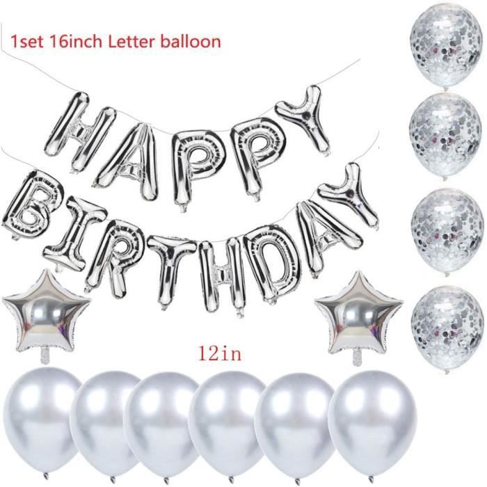 Décorations D'Anniversaire Argent Joyeux Anniversaire Guirlande Ballons Feuille, Ballons ...