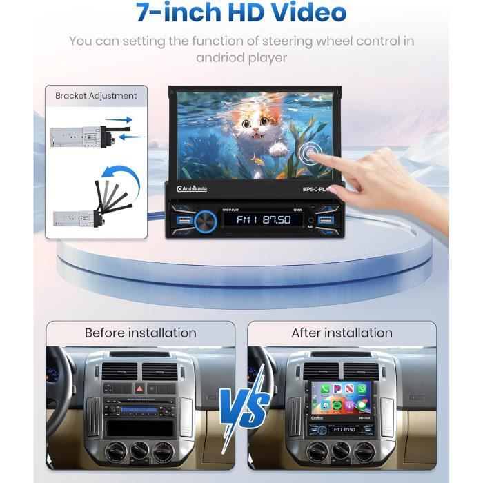 Sans Fil Carplay Autoradio 1 Din avec Écran 7'' Rétractable Filtrage Automatique sans Fil ...
