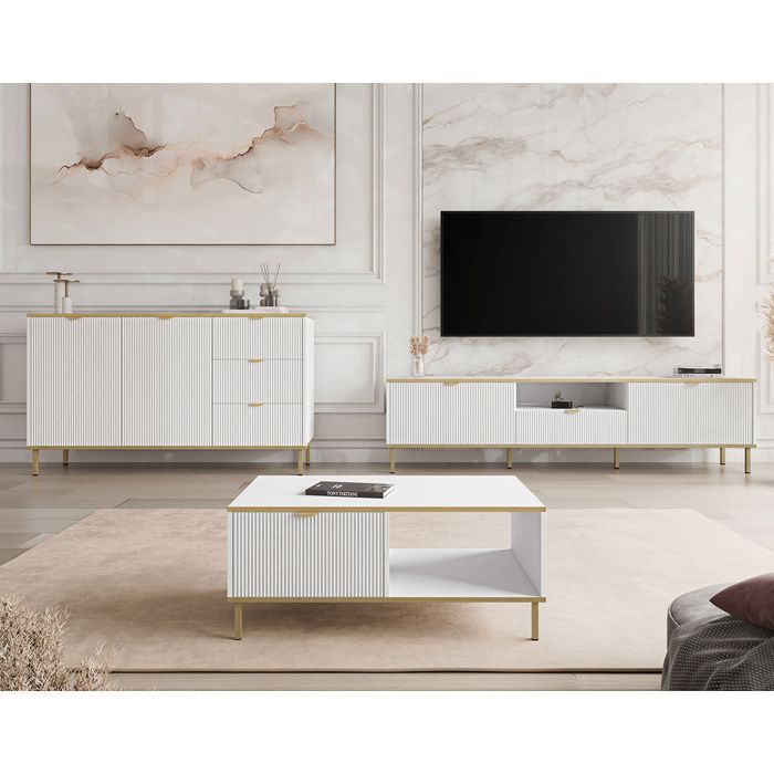 Hope - buffet bas 135 cm - 3 tiroirs et 2 portes - Blanc / Doré ...