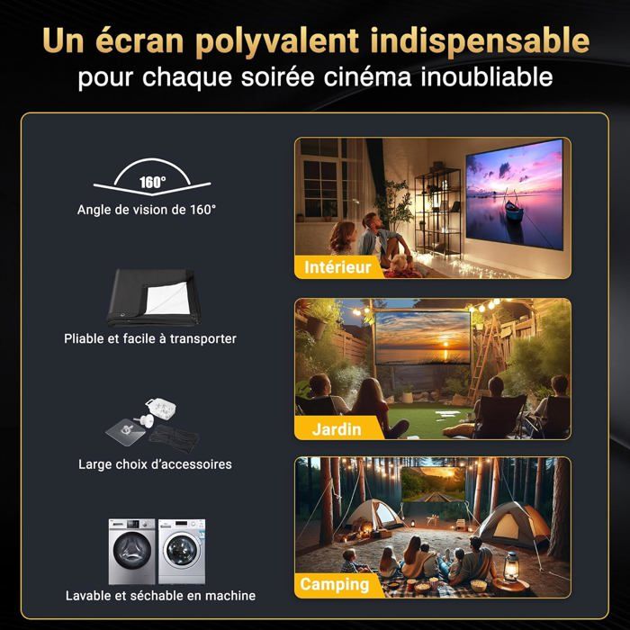Écran de projection portable 100"-KAL-Dos noir,bords droits,pliable ...