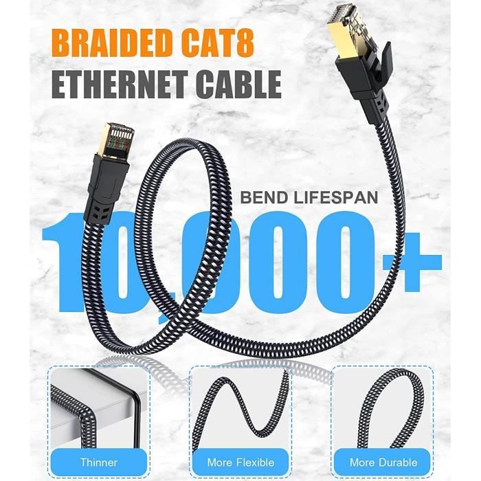 Câble Ethernet 1M, Cat 8 Rj45 Double Blindage 40Gbps 2000Mhz Cordon De ...