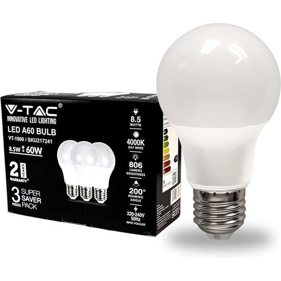 Ampoules LED E27 8,5W (équivalent 60W) A60-806 Lumen-6500K Blanc Froid-Ouverture du faisceau ...