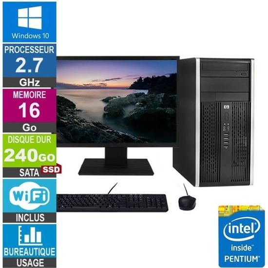 PC HP 6200 Pro MT G630 2.70GHz 16Go/240Go SSD Wifi W10 + Ecran 24 ...