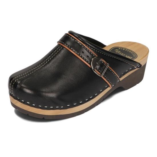 Sabots fermés en cuir et bois naturel pour femmes BeComfy - Noir ...