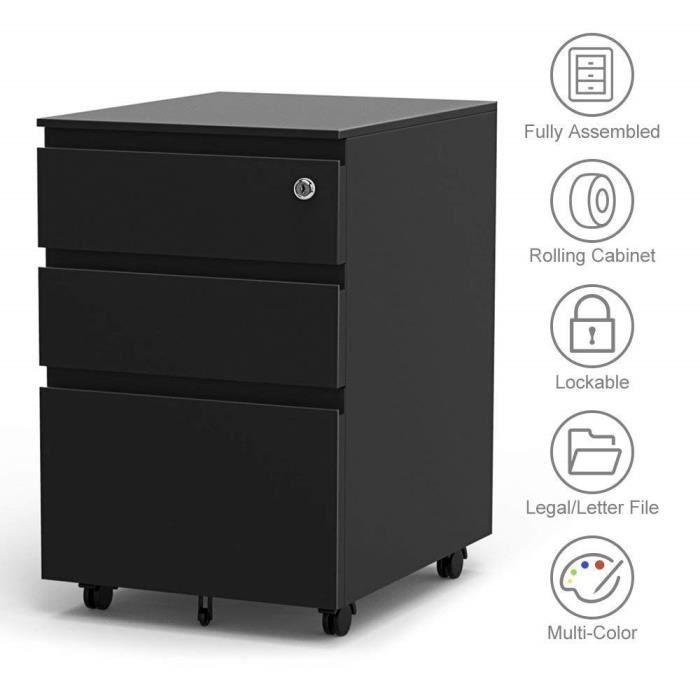 Dripex Classeur de Bureau Métal Rangement Dossier 3 Tiroirs Clés 5 ...