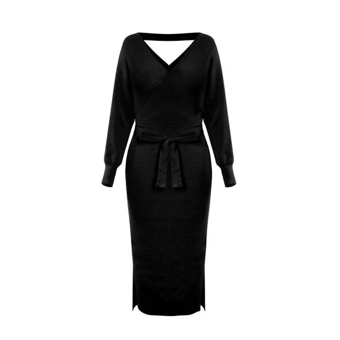ROBE automne hiver nouvelle robe tricotée Slim - fit V - neck robe en laine à faire Noir Noir ...