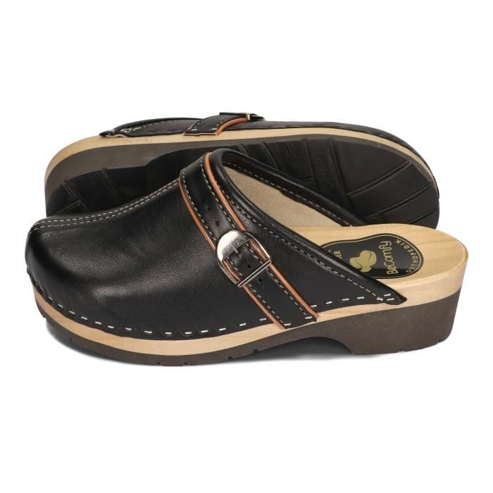 Sabots fermés femme BeComfy en cuir et bois naturel - Noir, semelle ...