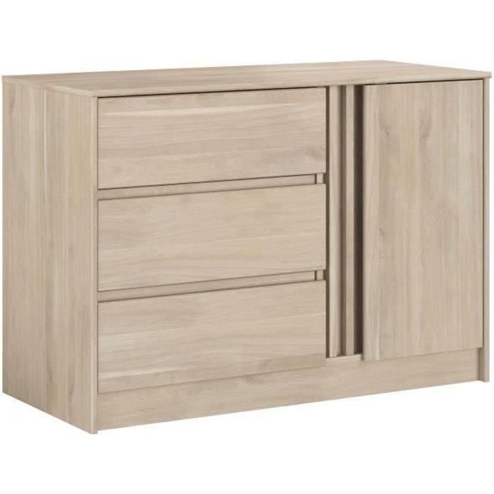 Commode ESCALE - 3 tiroirs - 1 porte - Décor chêne - L 109,8 x H 76,8 x ...