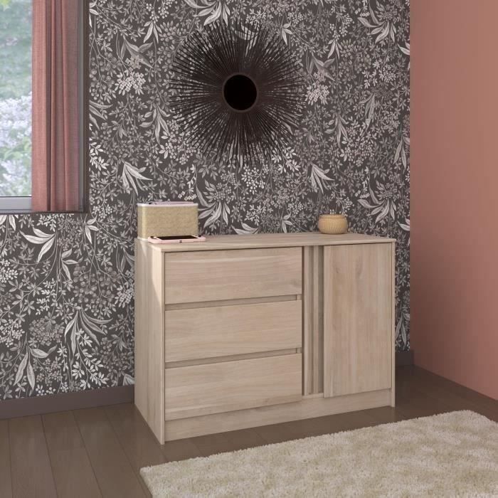 Commode ESCALE - 3 tiroirs - 1 porte - Décor chêne - L 109,8 x H 76,8 x ...
