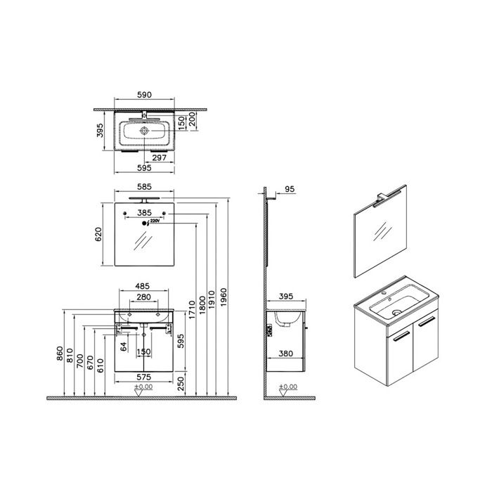 Vitra - Mia ensemble meuble non assemblé 59x61x39,5 cm + miroir ...