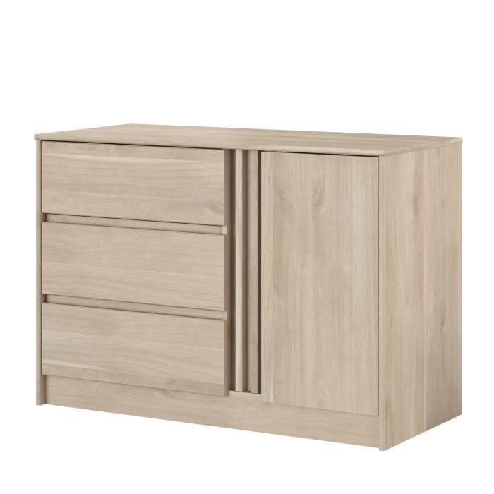 Commode ESCALE - 3 tiroirs - 1 porte - Décor chêne - L 109,8 x H 76,8 x ...