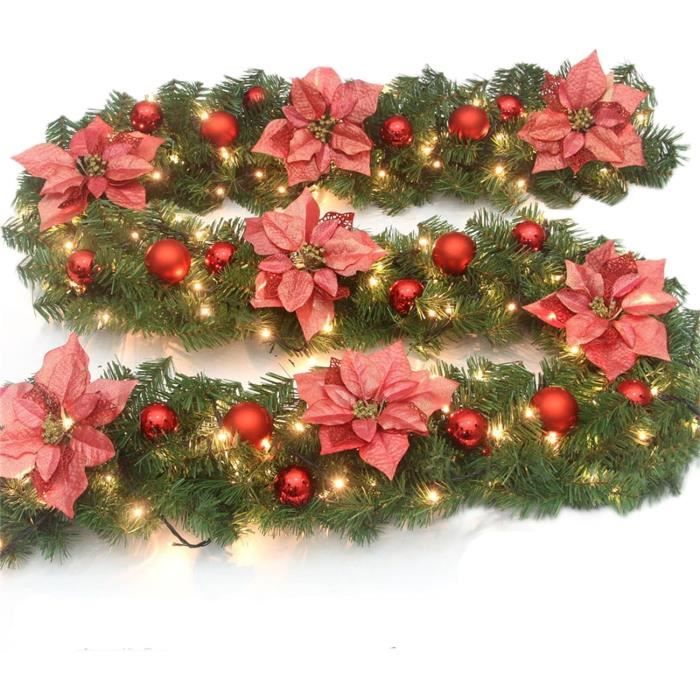 R7A0B0B18P1 Guirlande De Noël En Rotin Avec Fleurs Rouges Et Lumières ...