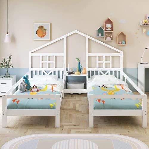 Lit enfant double cabane avec table en bois de pin, Blanc (90x200cm*2 ...