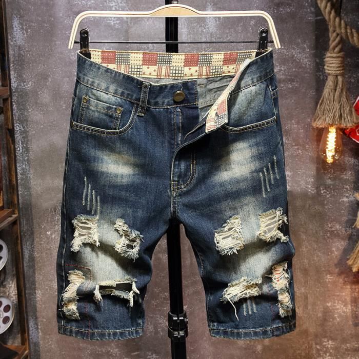 Short,Jean déchiré bleu rétro pour hommes, Short en Denim, coupe Slim ...