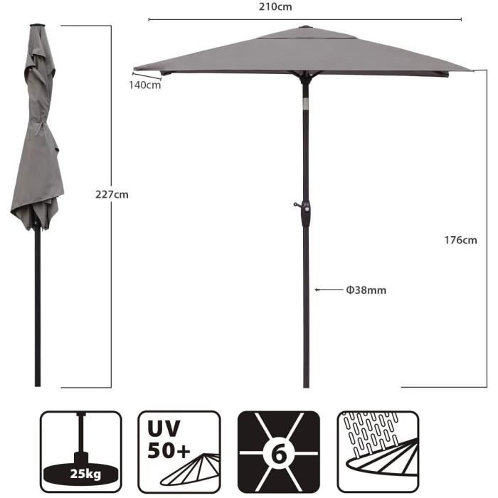 Sekey Parasol rectangulaire en aluminium - 210 × 140 cm, Cappuccino ...