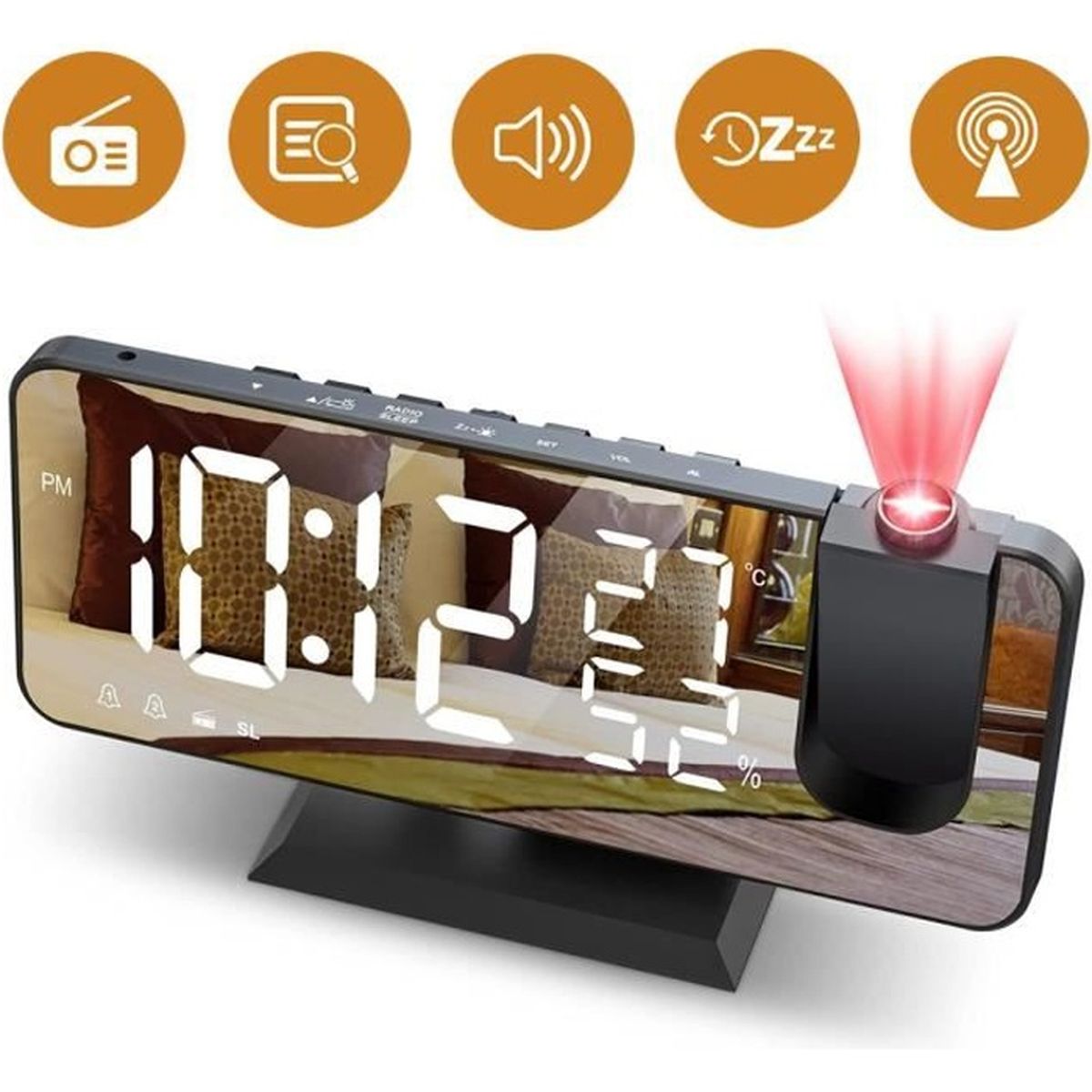 Reveil Projecteur Plafond Radio FM Reveil Projection 180° Horloge ...