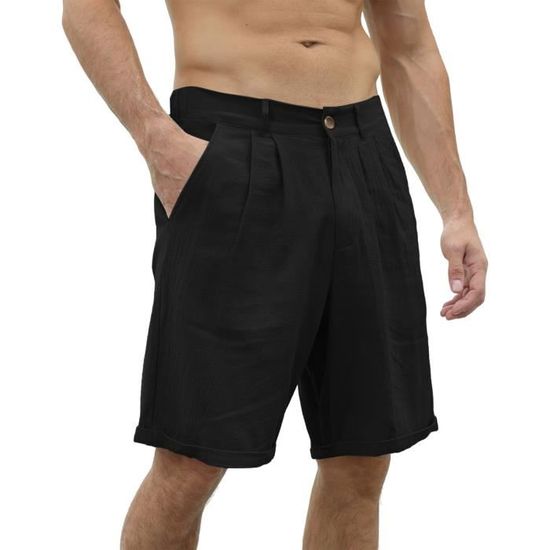 Short en coton et lin pour homme avec poche à fermeture éclair et ...